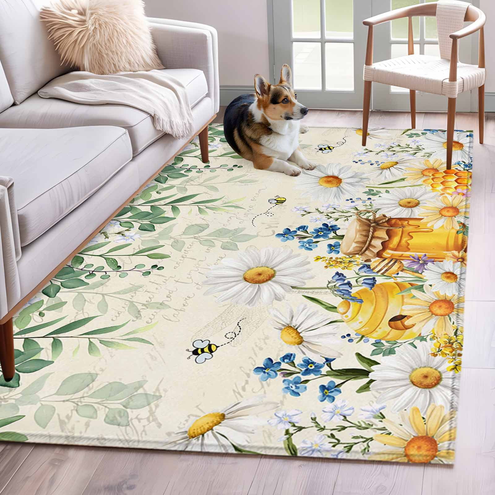 Daisy Honey Area Rugs 3x5 ft Bee Blue Flower Green Eucalyptus Leaves ...
