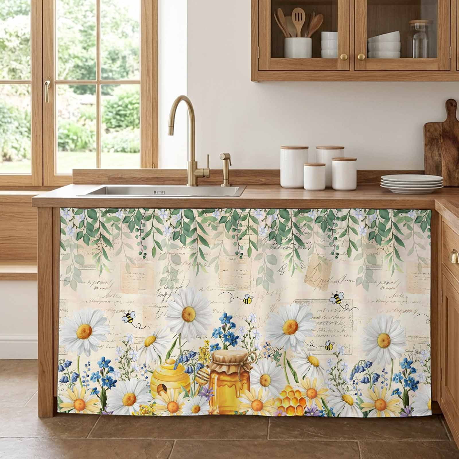 Daisy Honey Cabinet Curtains 28" W x 51" L Bee Blue Flower Green ...