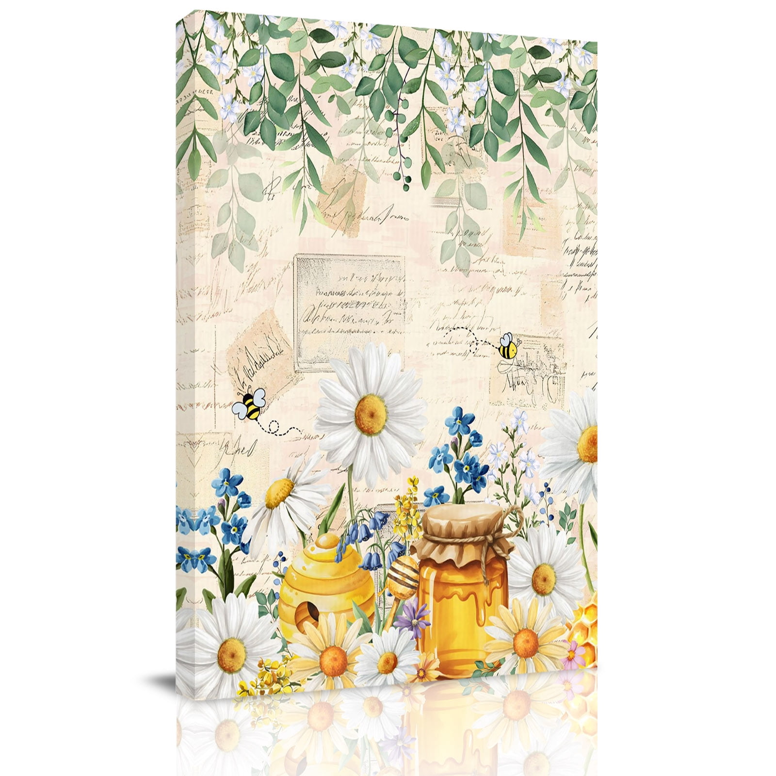 Daisy Honey Canvas Wall Art for Living Room, Bee Blue Flower Green ...