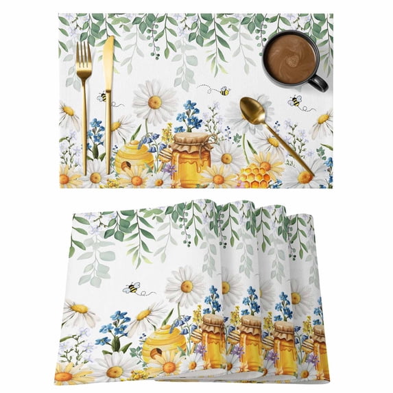 Daisy Honey Cotton Linen Placemats Set of 4, Bee Blue Flower Green ...