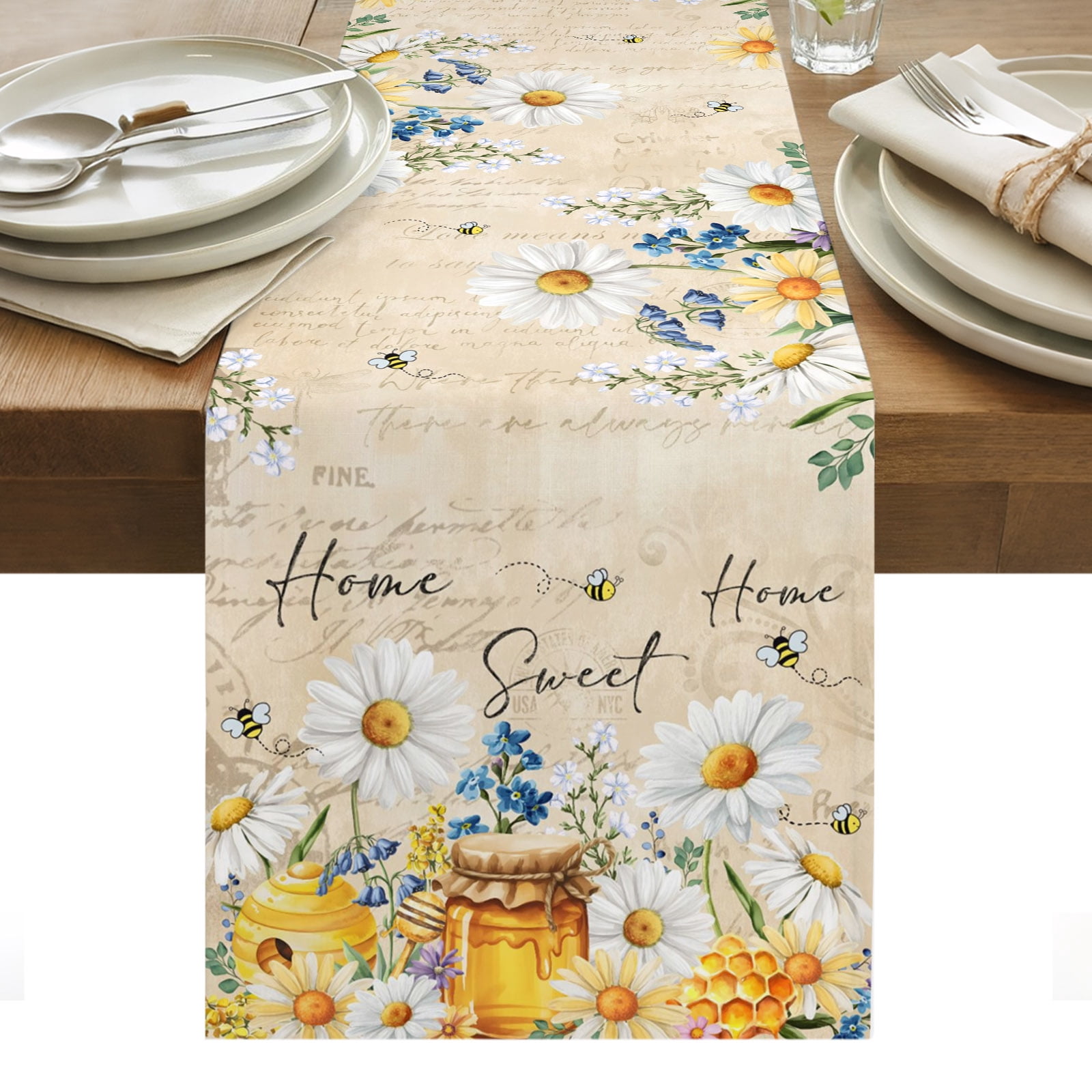 Daisy Honey Cotton Linen Table Runner Bee Blue Flower Home Sweet ...
