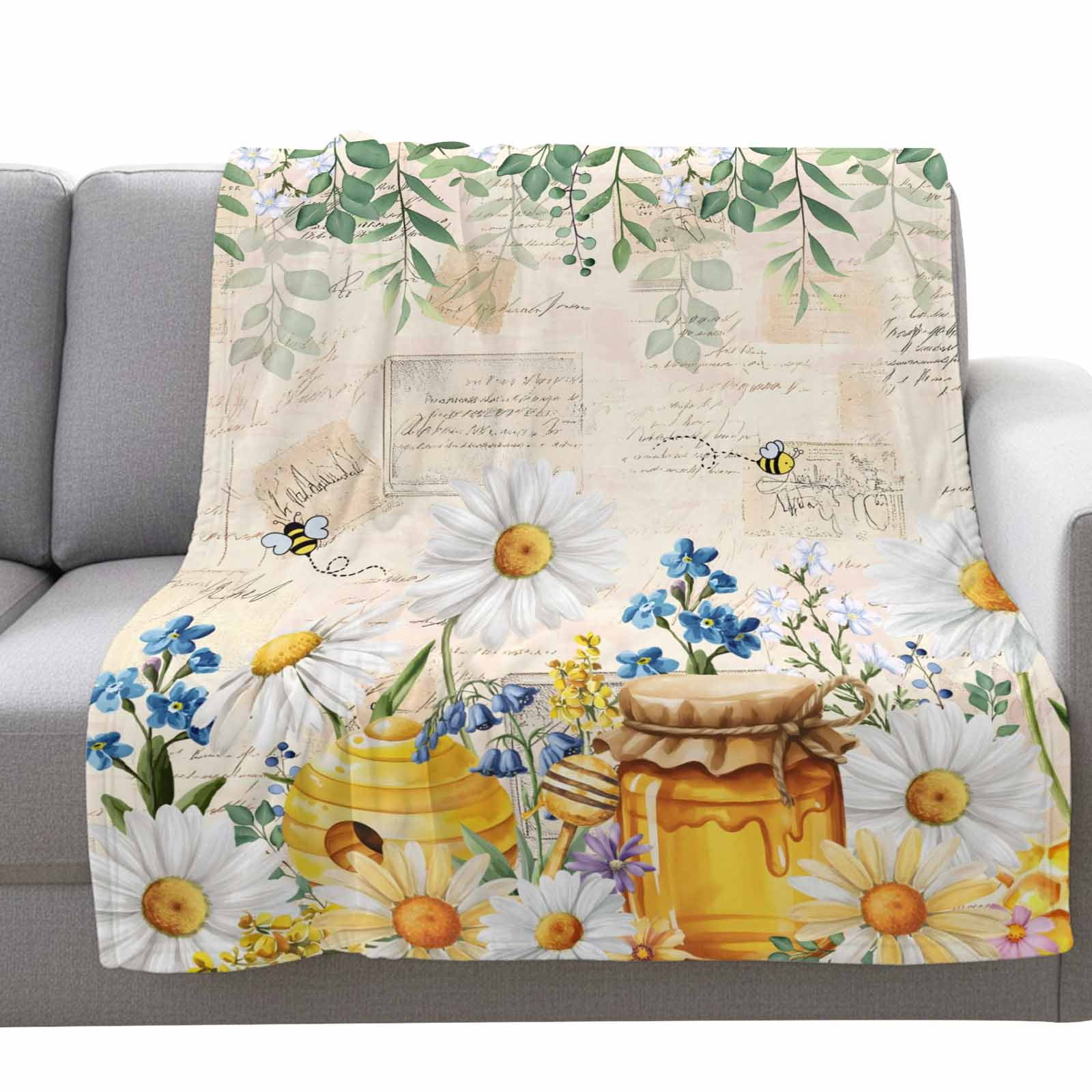 Daisy Honey Fleece Throw Blanket Lightweight Bee Blue Flower Green ...