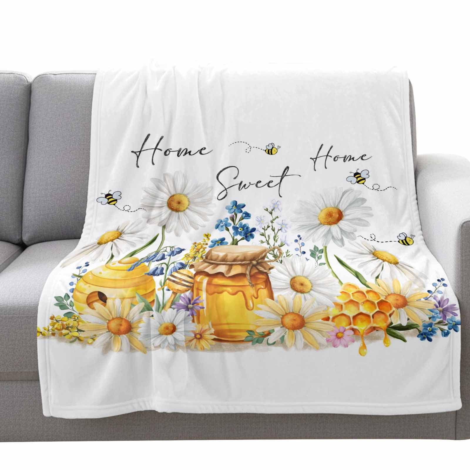 Daisy Honey Fleece Throw Blanket Lightweight Bee Blue Flowers Home ...