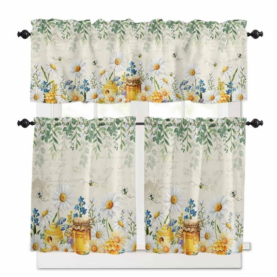 Daisy Honey Kitchen Curtains Valance and Tier Set Bee Blue Flower Green ...