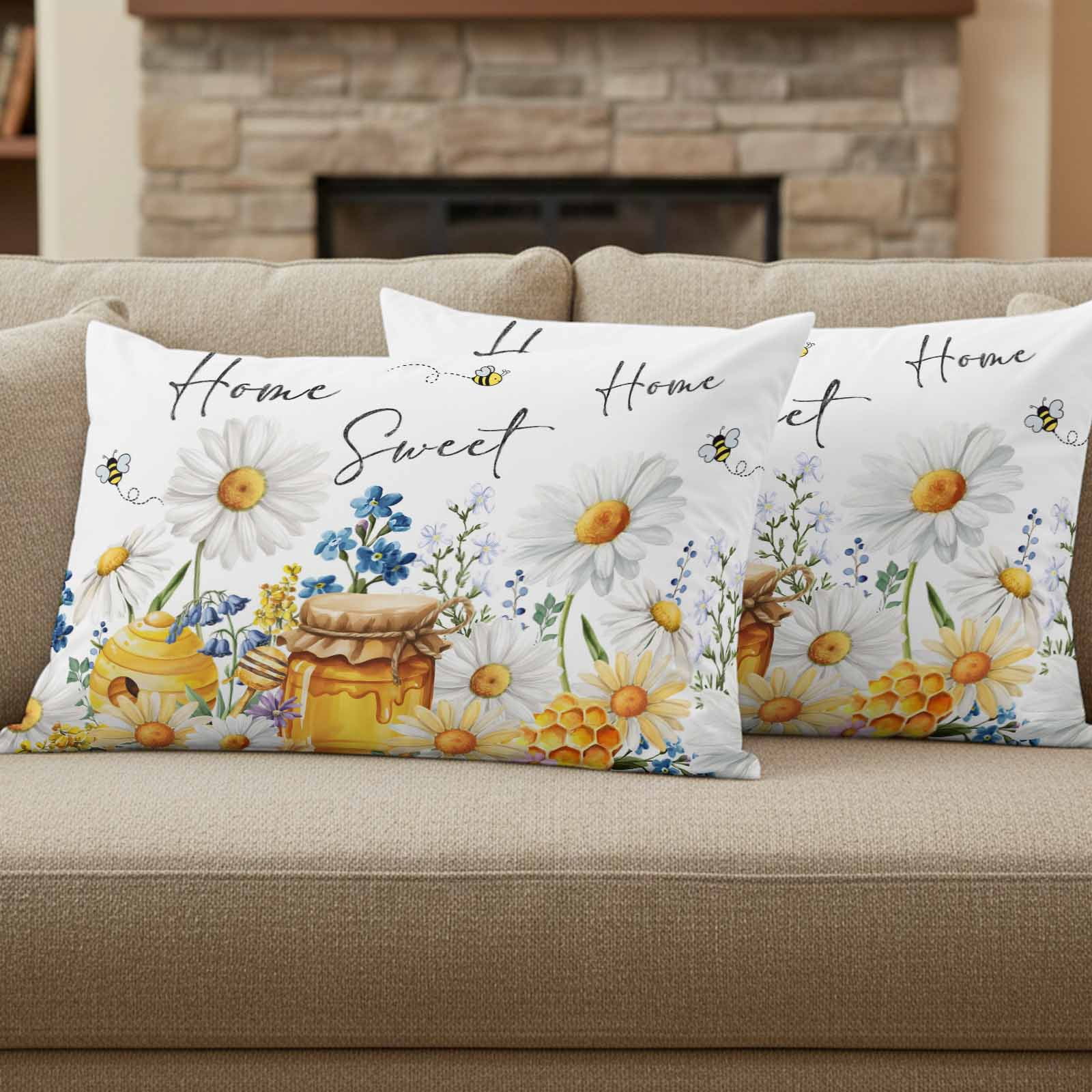 Daisy Honey Pillow Covers Set of 2, Bee Blue Flowers Home Sweet ...