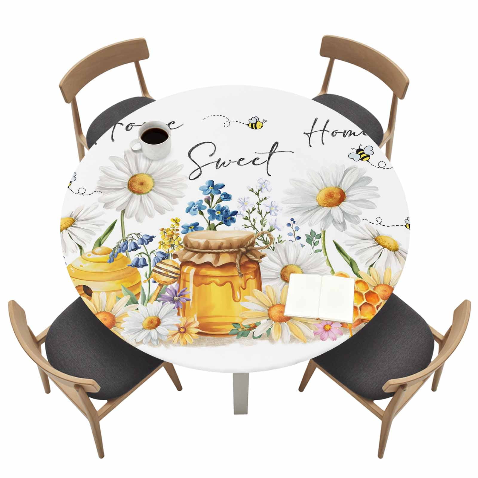 Daisy Honey Round Fitted Tablecloth with Elastic Edge Bee Blue Flowers ...