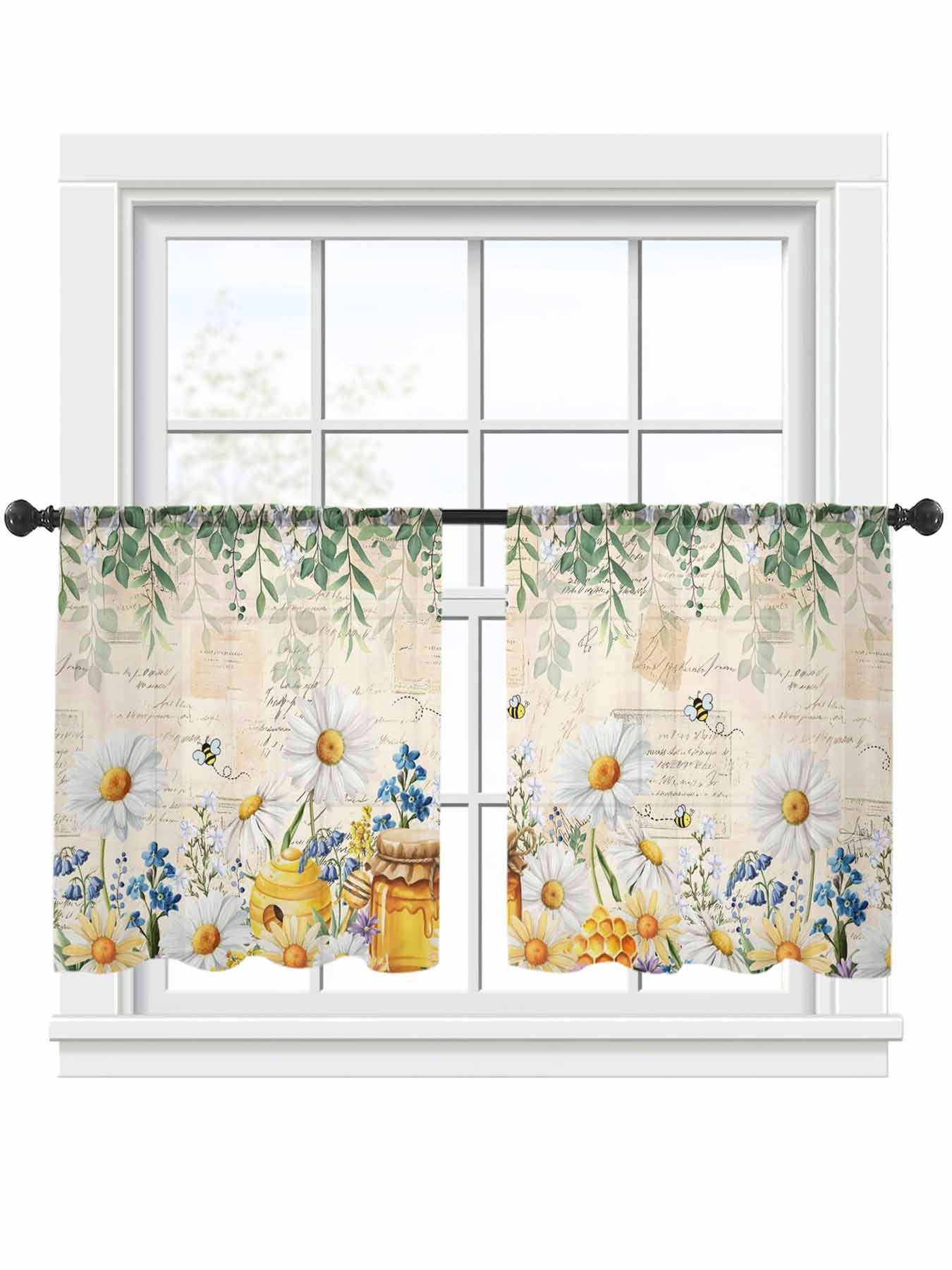 Daisy Honey Sheer Curtains 2 Panels Set Bee Blue Flower Green ...