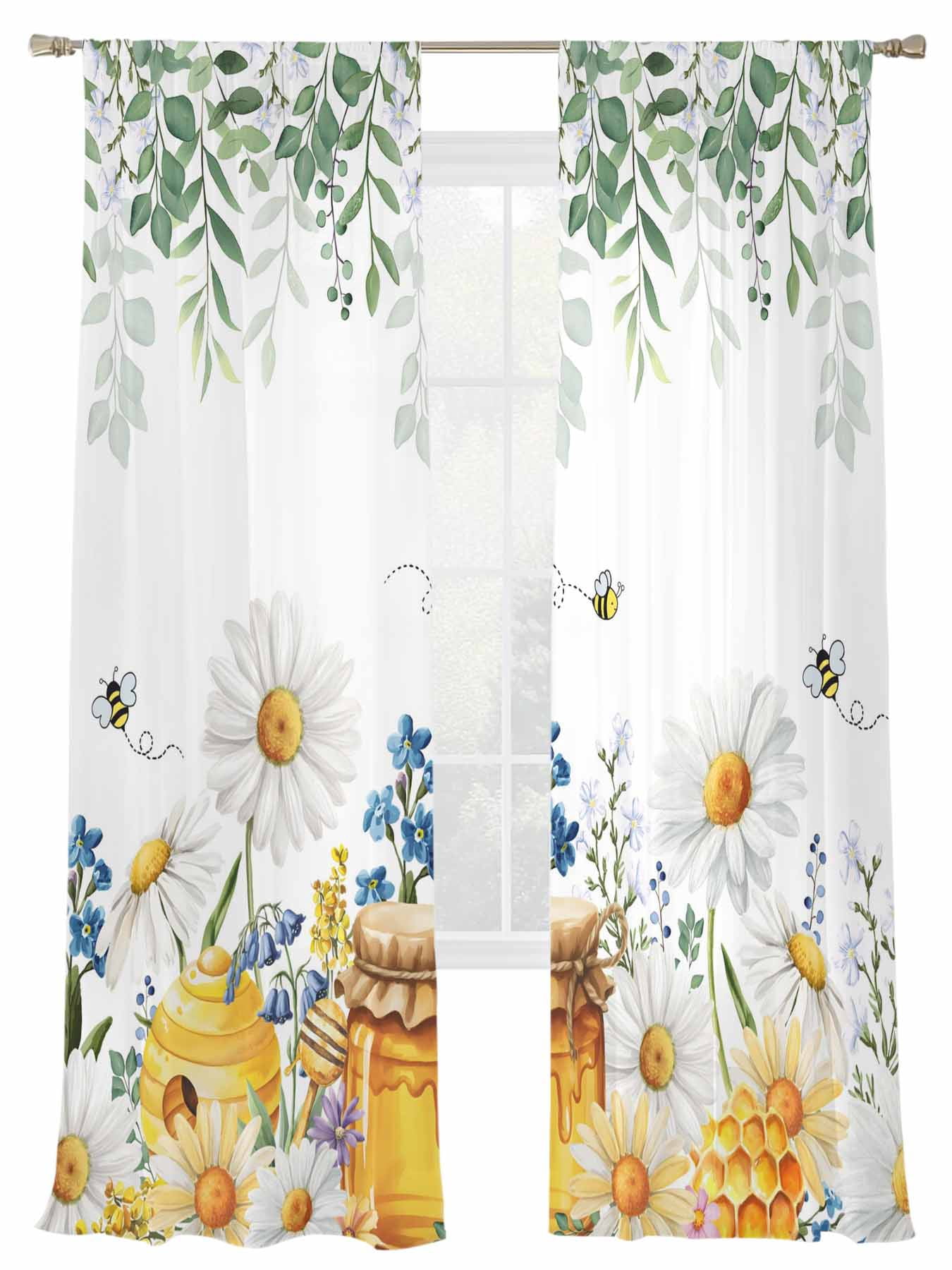 Daisy Honey Sheer Curtains 2 Panels Set Bee Blue Flower Green ...
