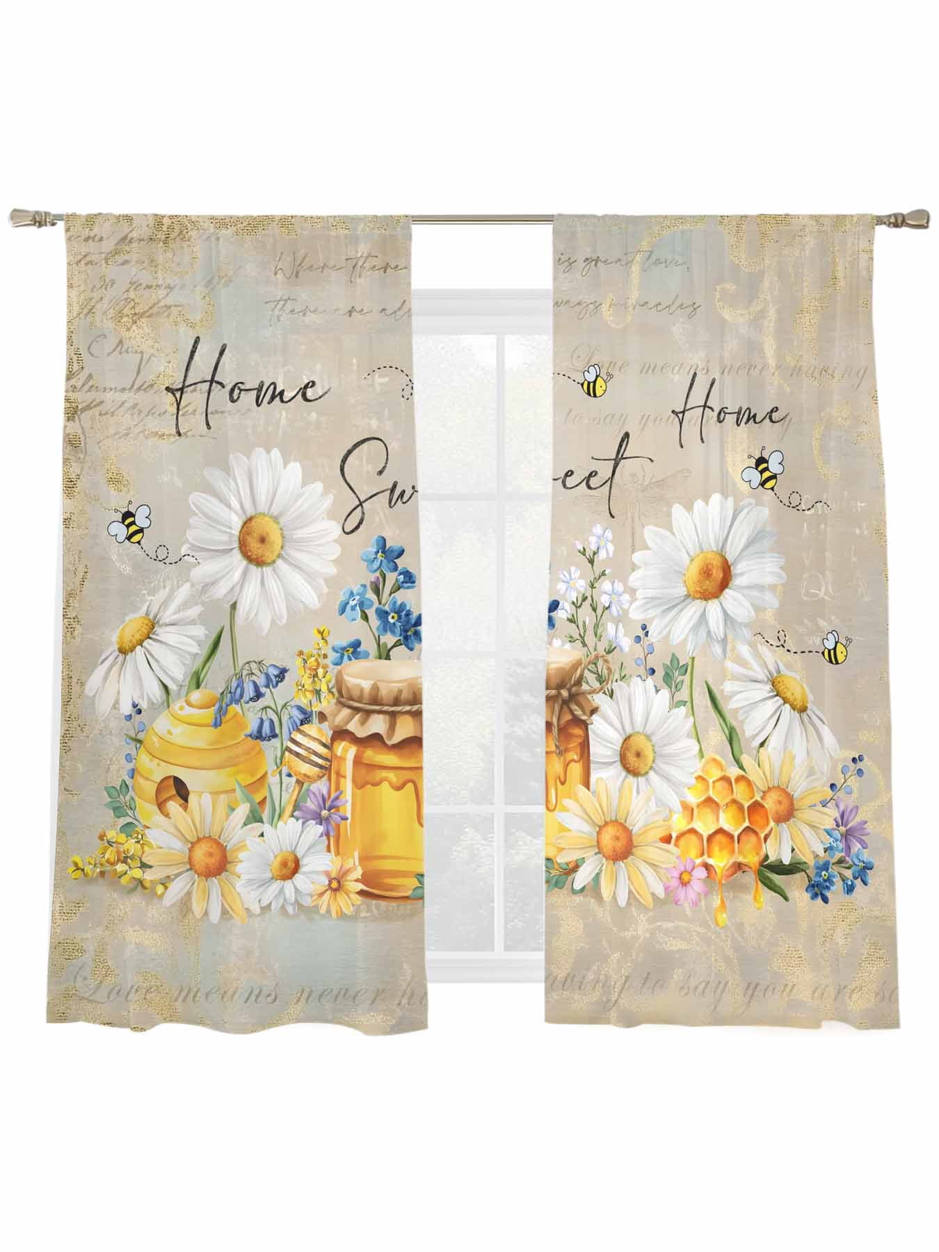 Daisy Honey Sheer Curtains 2 Panels Set Bee Blue Flower Home Sweet ...