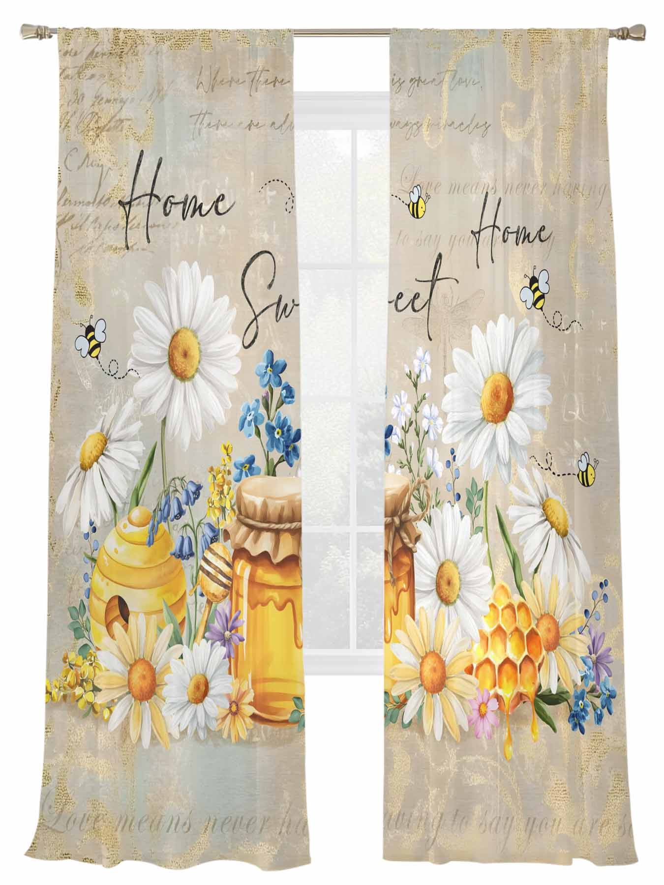 Daisy Honey Sheer Curtains 2 Panels Set Bee Blue Flower Home Sweet ...
