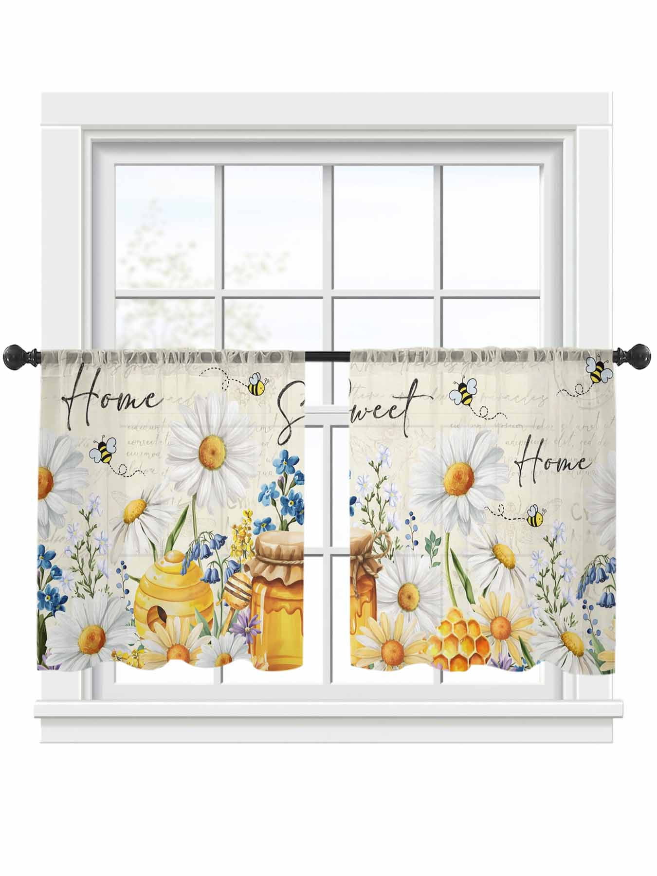 Daisy Honey Sheer Curtains 2 Panels Set Bee Blue Flower Home Sweet ...