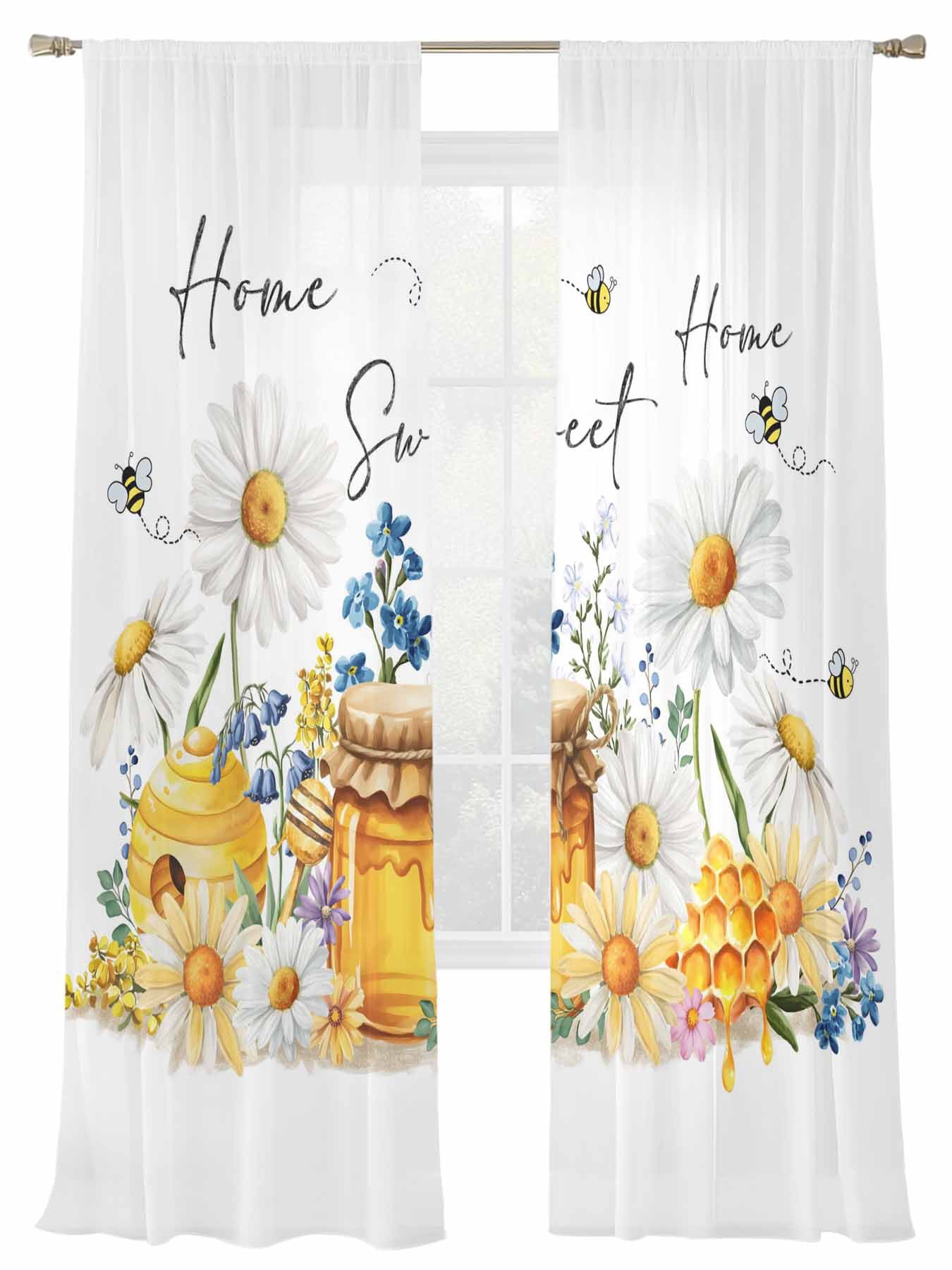 Daisy Honey Sheer Curtains 2 Panels Set Bee Blue Flowers Home Sweet ...