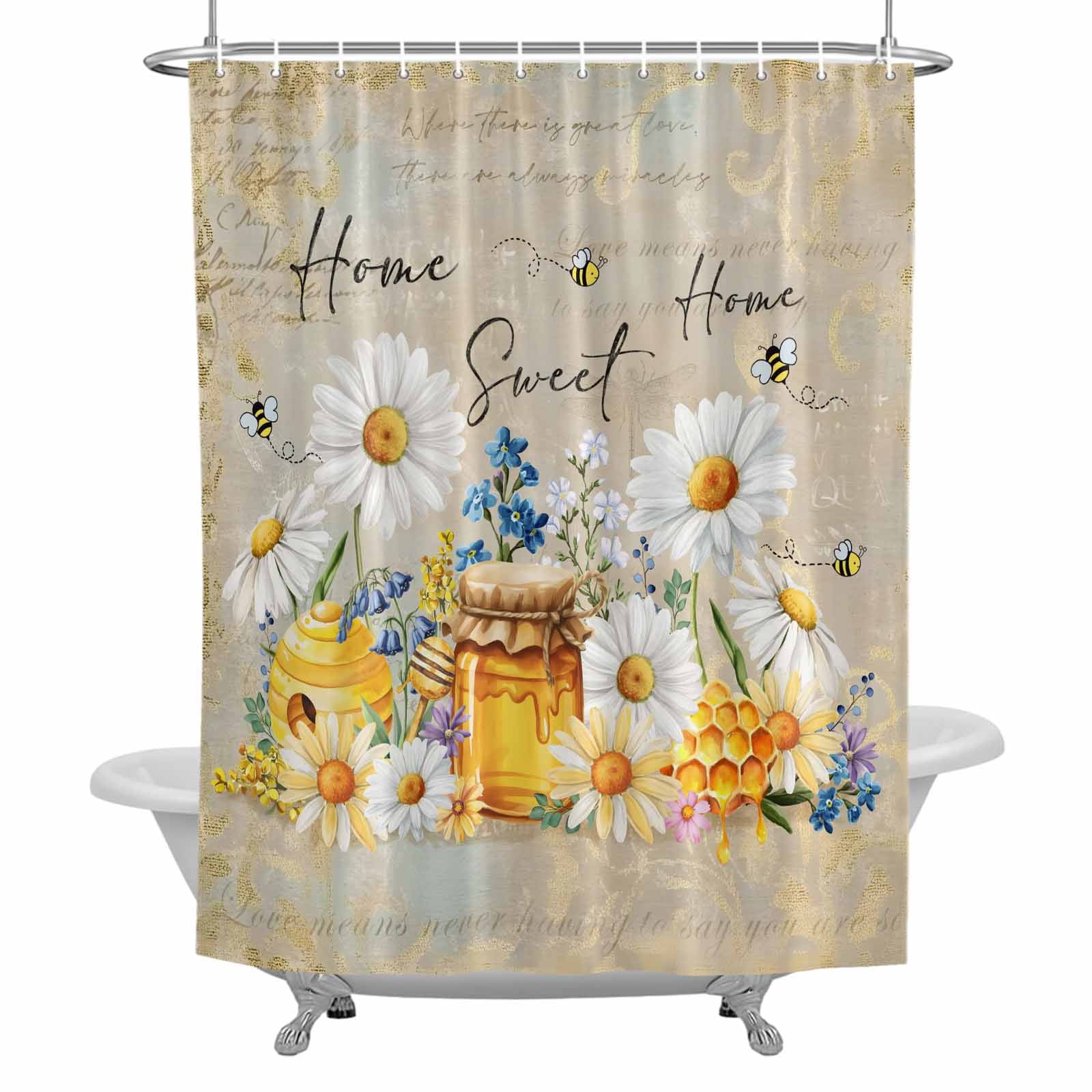 Daisy Honey Shower Curtain for Bathroom, Bee Blue Flower Home Sweet ...