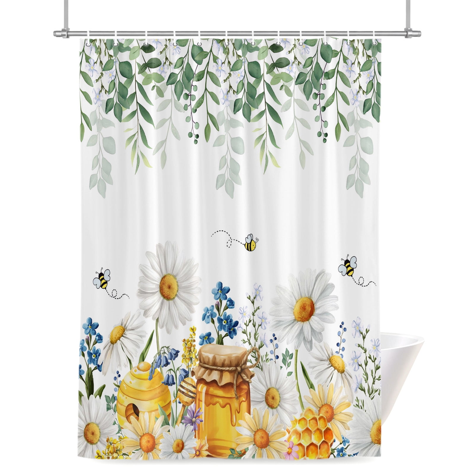 Daisy Honey Shower Curtains for Bathroom, Bee Blue Flower Green ...