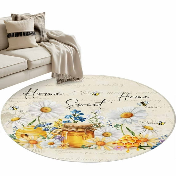 Daisy Honey Washable Round Area Rug 4 ft, Bee Blue Flower Home Sweet Wildflowers Spring, Soft ...