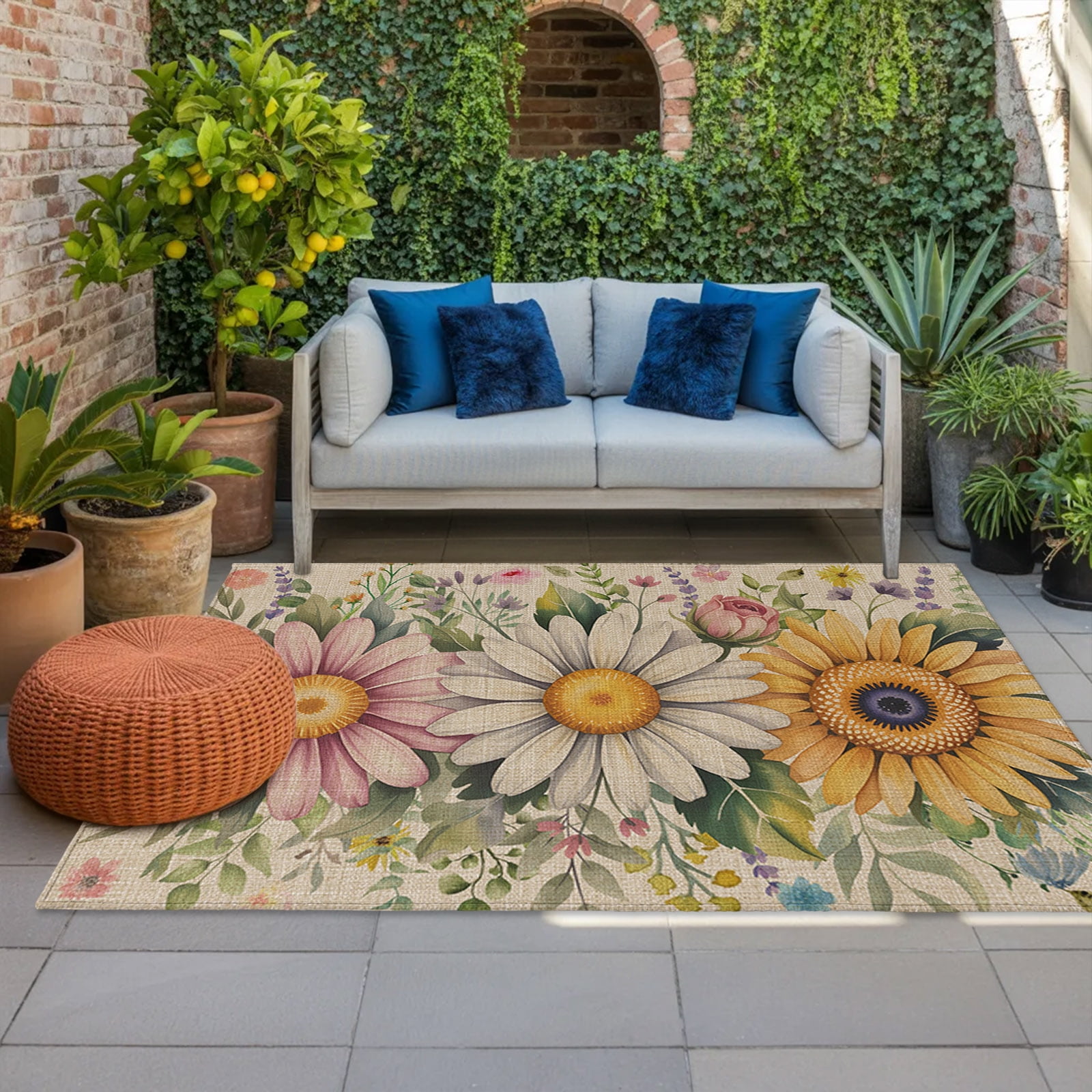 Daisy Indoor Outdoor Rugs 4x6 Ft, Watercolor Spring Pink White Yellow ...