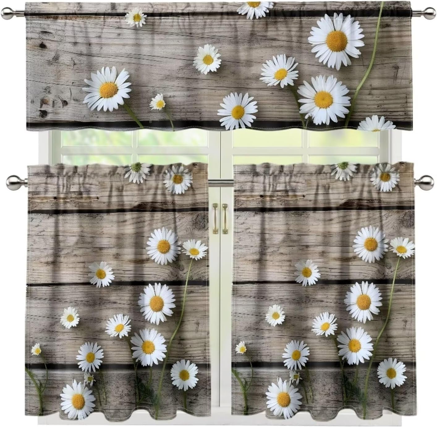 Daisy Kitchen Curtains Tier and Valance 3 Piece Set, Wood Grain Kitchen ...