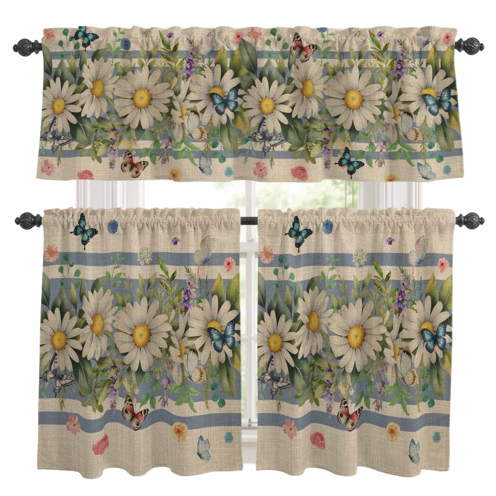 Daisy Kitchen Curtains Valances and Tiers 3pcs Watercolor Spring Floral ...