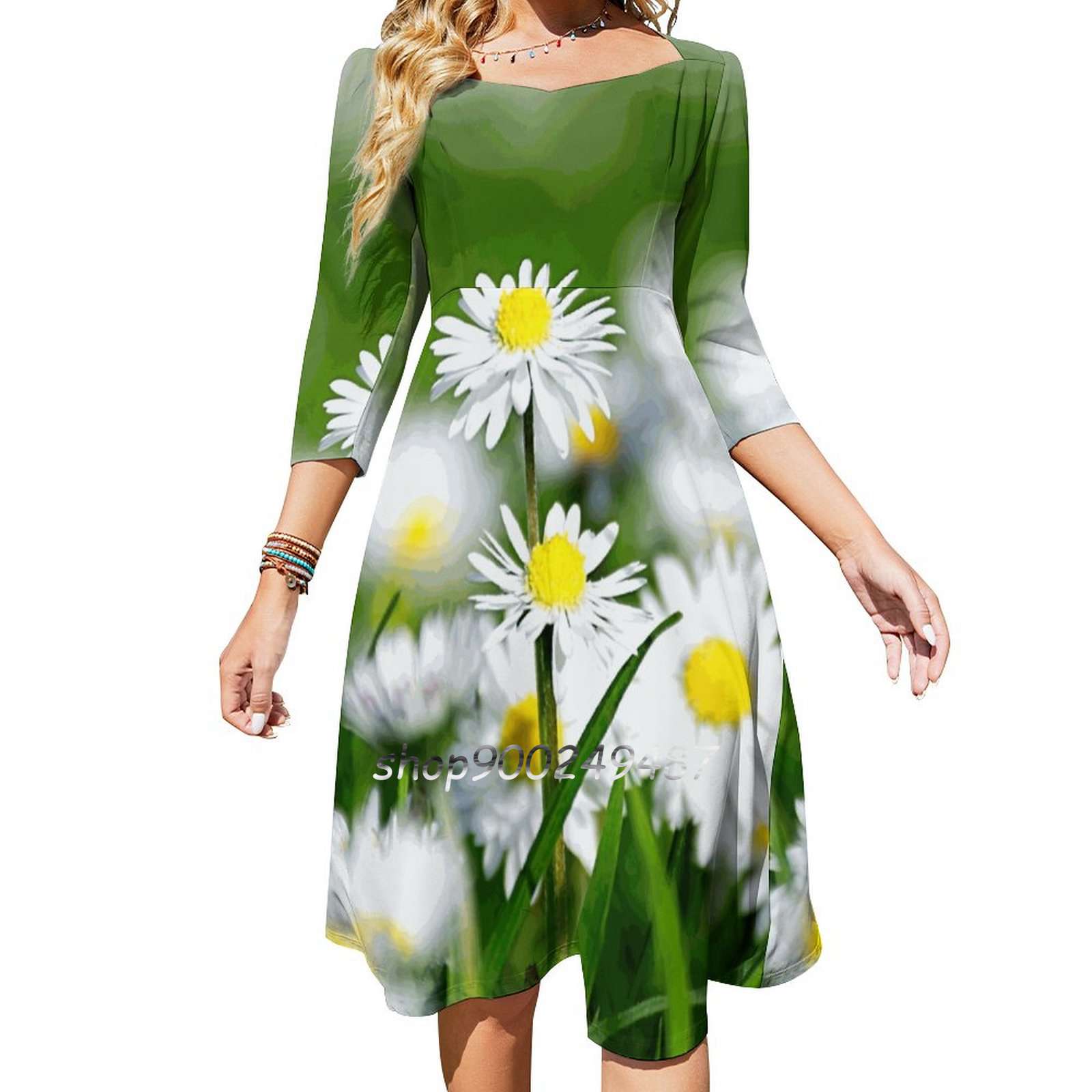 Daisy Land Art Work. Square Neck Dress Sweet Summer Dress Women Elegant ...