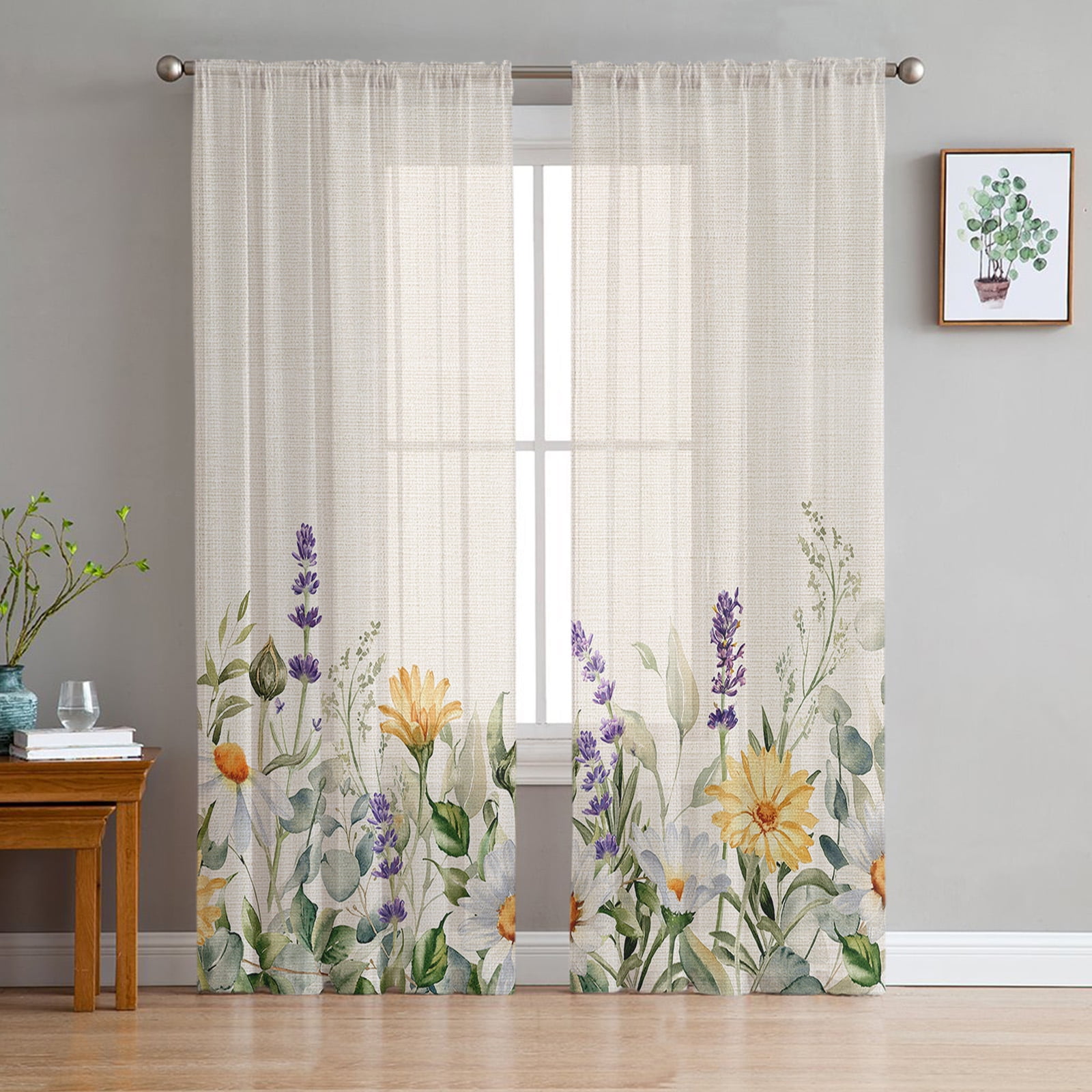 Daisy Lavender Plant Flowers Sheer Curtains For Living Room Window Long ...