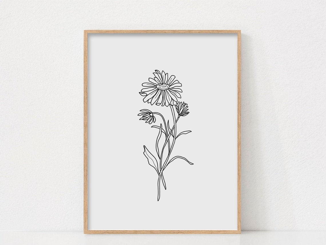Daisy Line Art Floral Wall Minimalist Posterflower Black And White Able ...