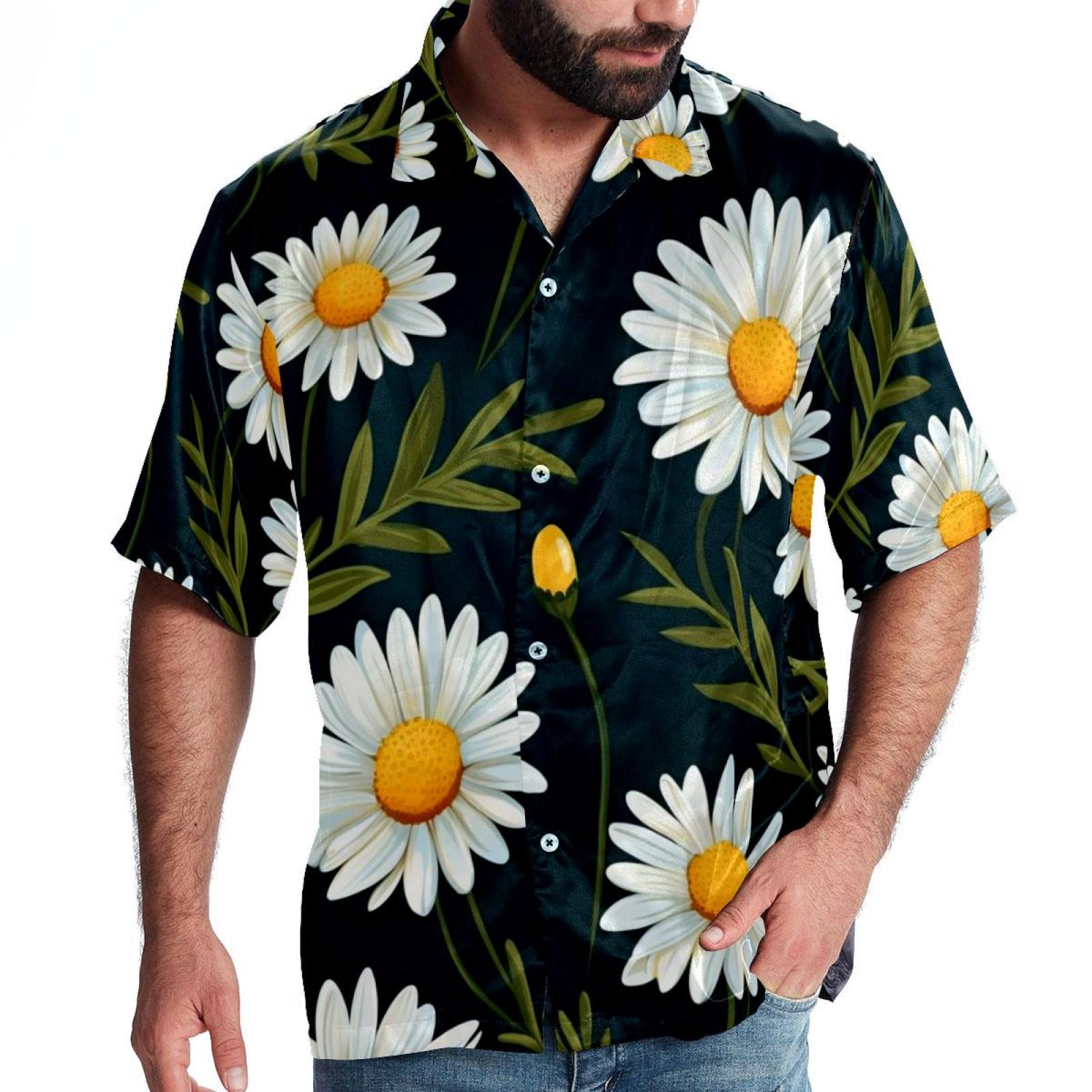 Daisy Men's Short Sleeve Poplin Shirts with Spread Collar Tops, Casual Printed Button Down Short ...