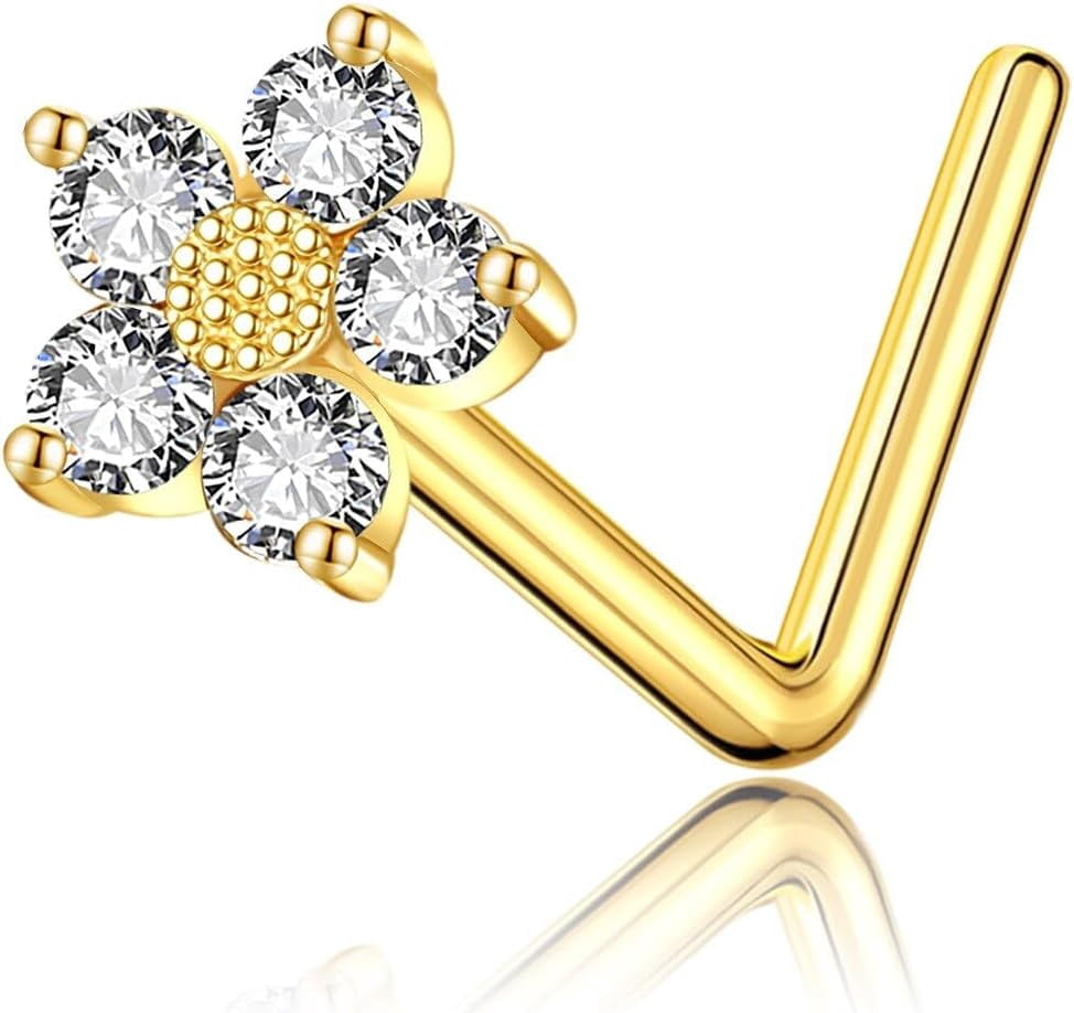 Daisy Nose Stud 14K Gold Nose Ring 20G L Shaped Nose Stud Solid Gold ...