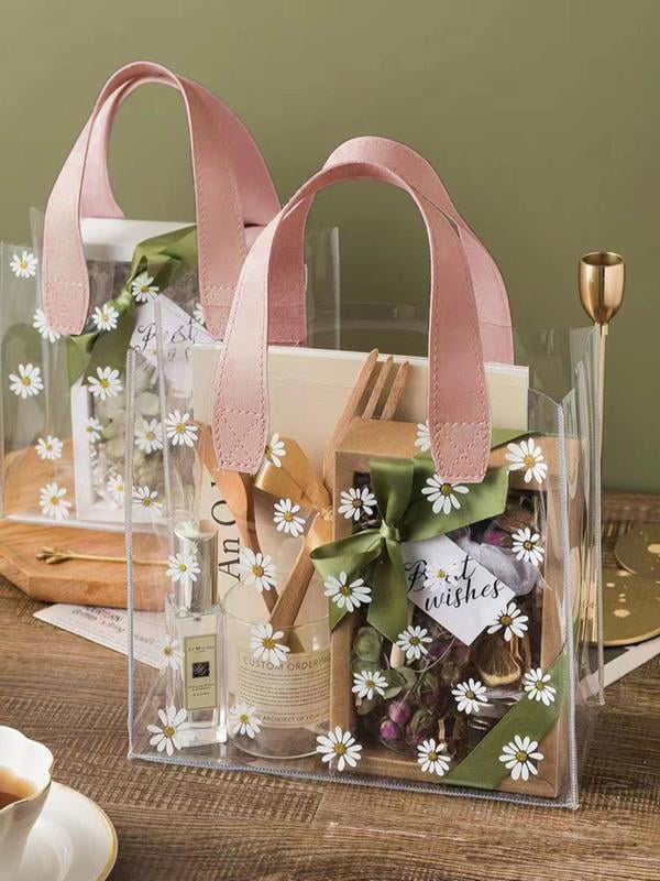 Daisy Pattern Clear Tote Bag, Baby Pink Cute Floral Pattern Gift Bag ...