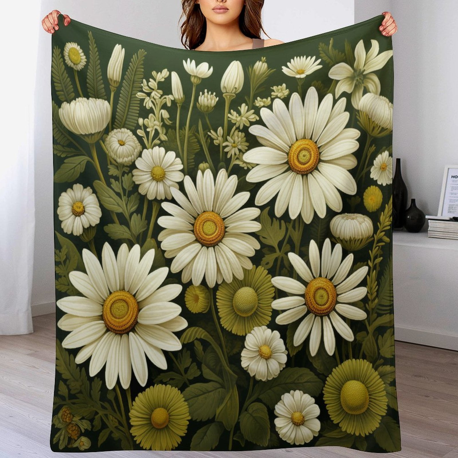 Daisy Pattern Sage Green Flannel Throw Blanket 60"x80" Daisy Spring Summer Bloom Floral Home ...