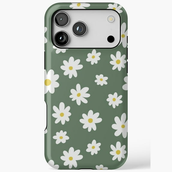 Daisy Pattern Sage Green White Yellow iPhone Case 17 16 15 14 13 12 11 ...