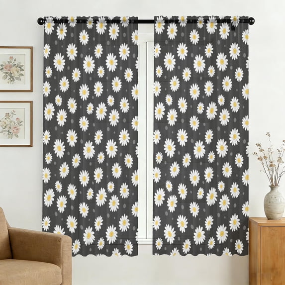 Daisy Pioneer Flower Black Pattern Sheer Curtains, Voile Drapes with ...