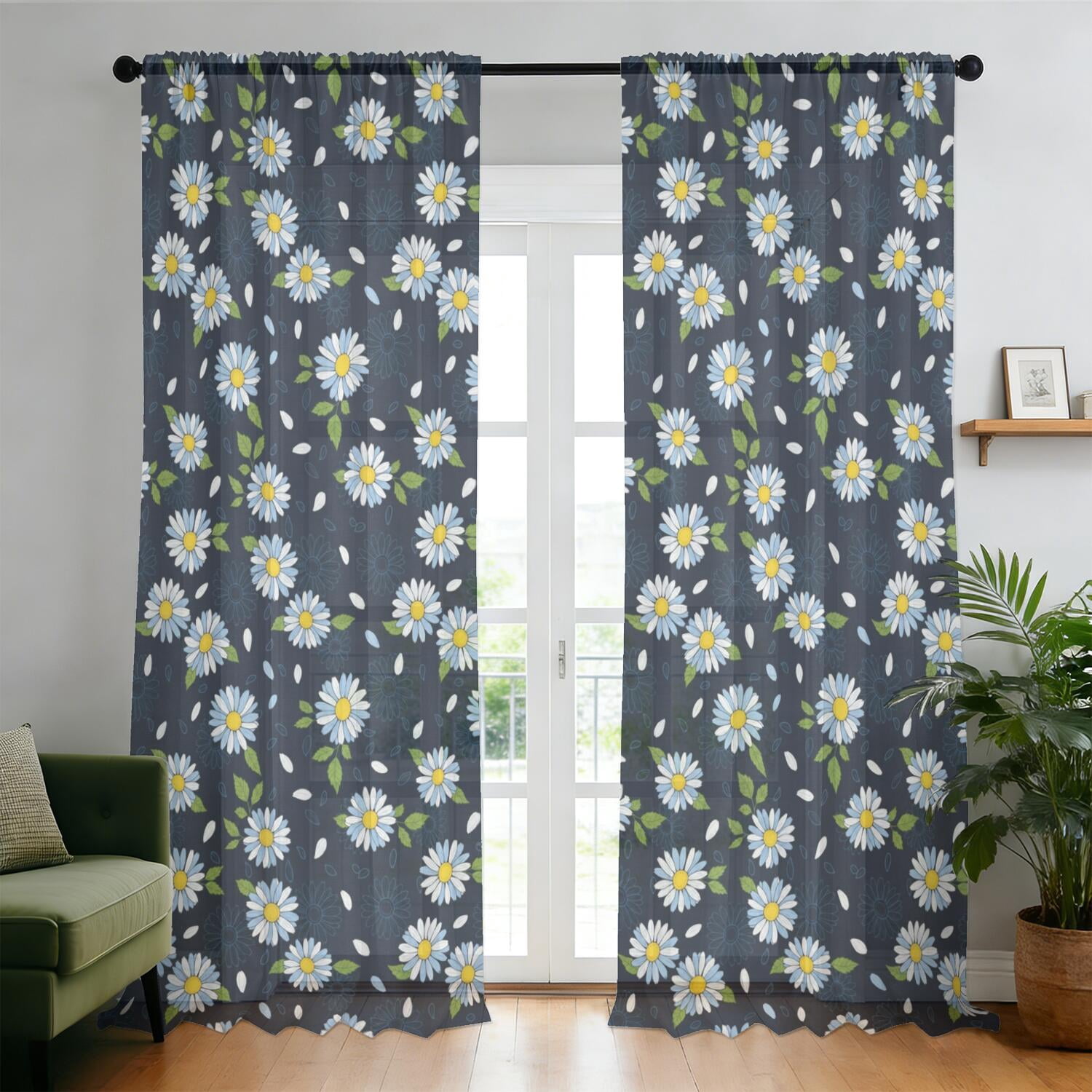 Daisy Pioneer Flower Blue Pattern Sheer Curtains, Rod Pocket Sheer ...