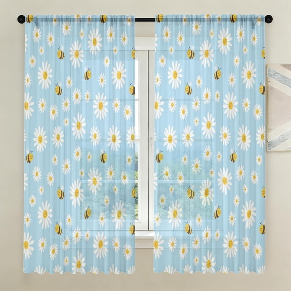 Daisy Pioneer Flower and Bees Sheer Curtains, Rod Pocket Sheer Drapes ...