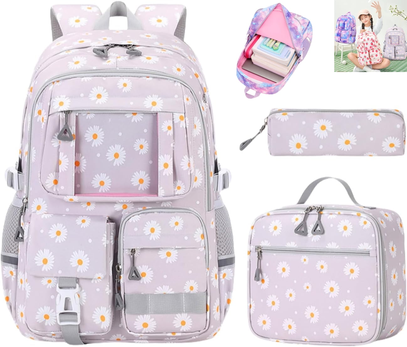 Daisy Print Backpack Coquette Aesthetic Nylon Rucksack 3PCS Cute ...