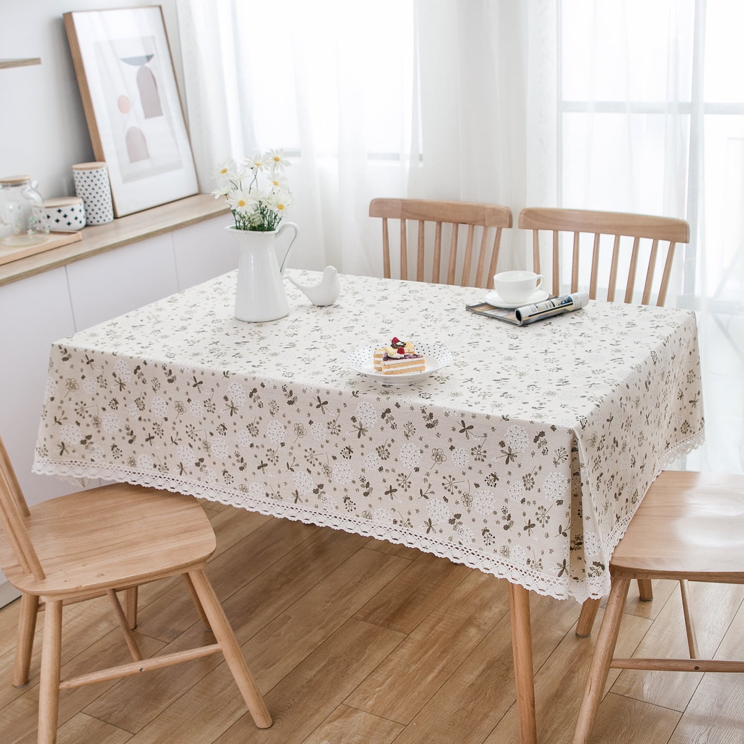 Daisy Print Cotton-Linen Tablecloth – Small Dots, Rustic Farmhouse ...