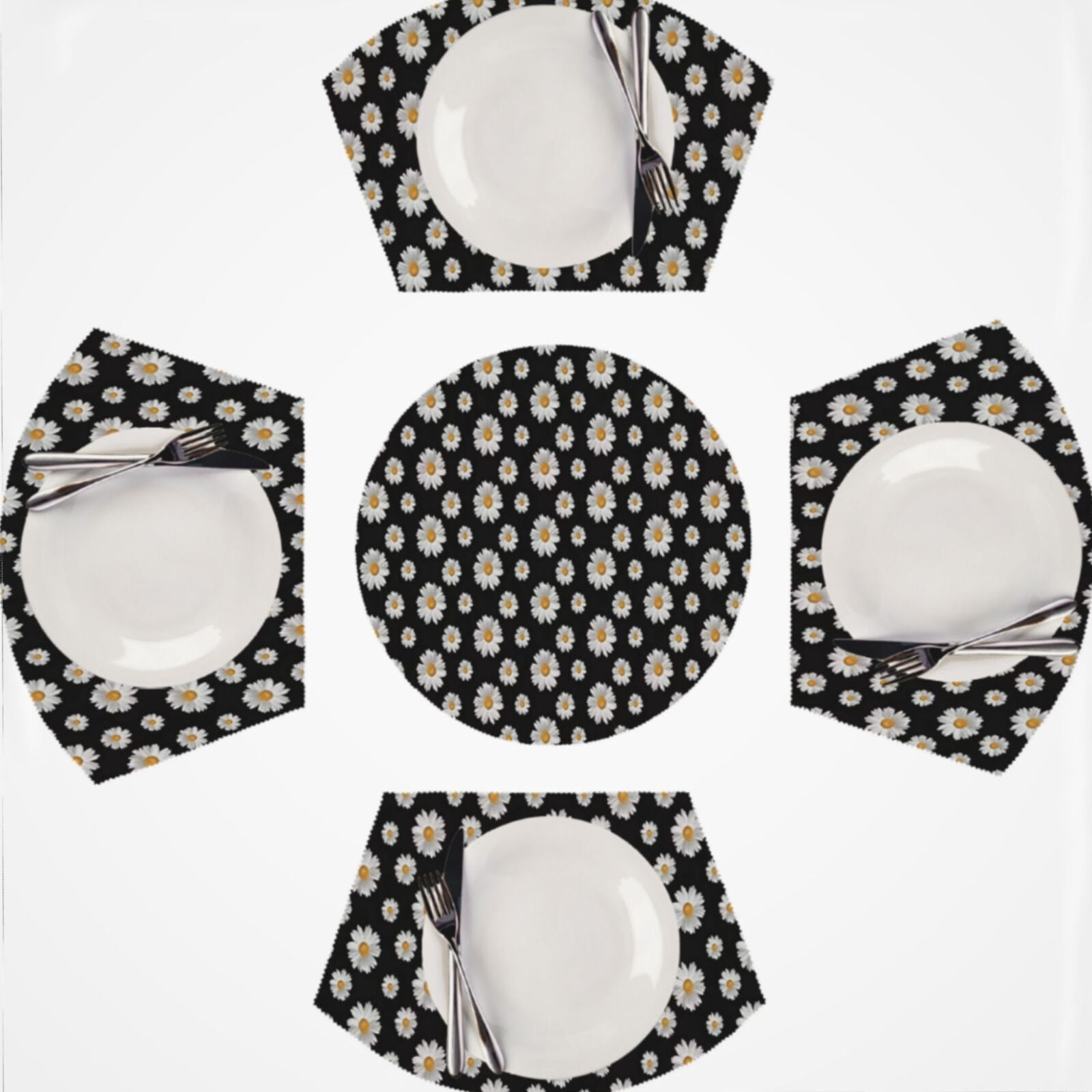 Daisy Repeat Pattern Round Table Placemats Set Of 5 Wedge Table Mats Washable Heat Resistant ...