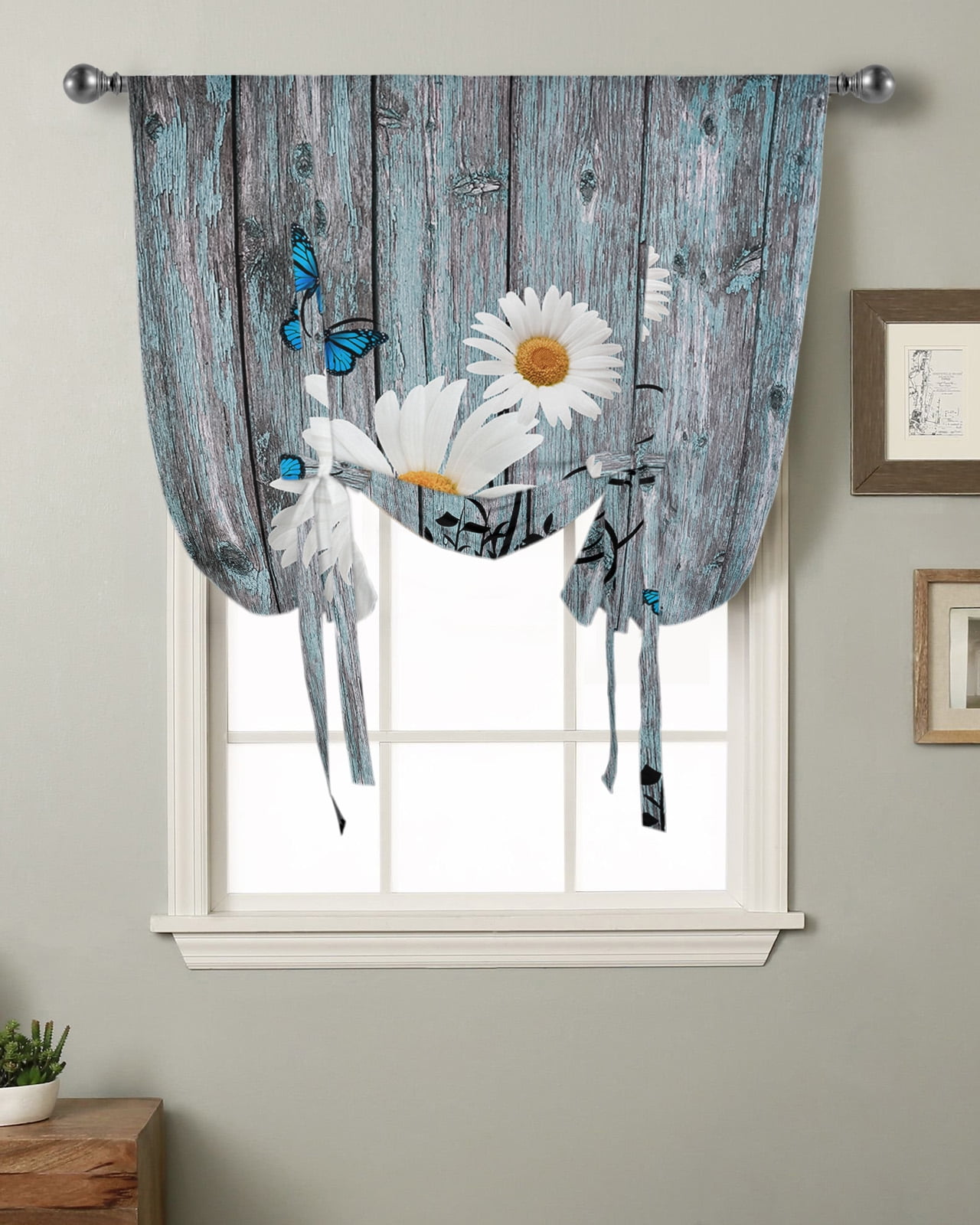 Daisy Retro Wood Grain Butterfly Kitchen Short Window Curtain Rod Pocket Curtains Home r Small ...