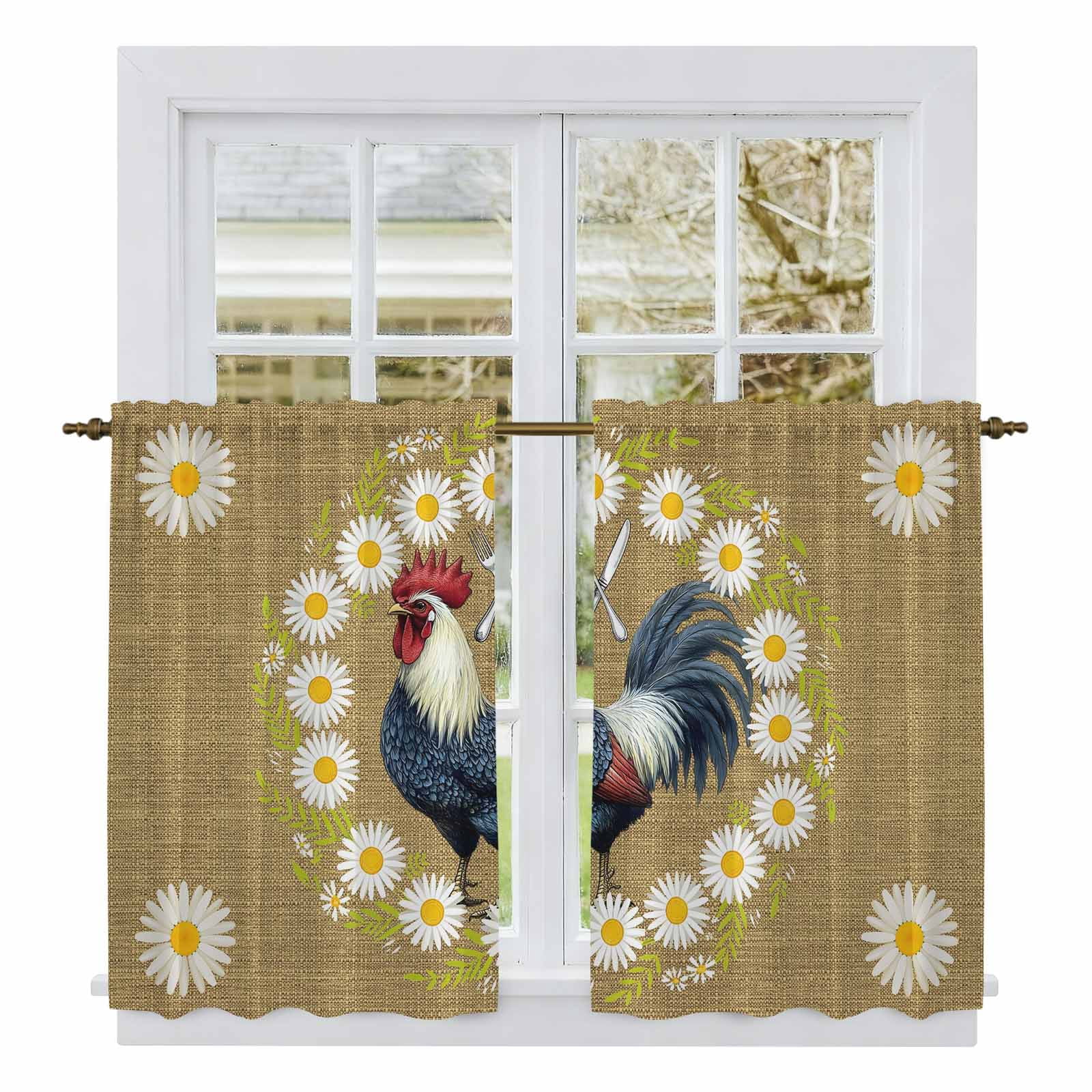 Daisy Rooster Kitchen Curtains 54 Inch Length, Spring Floral Farmhouse ...