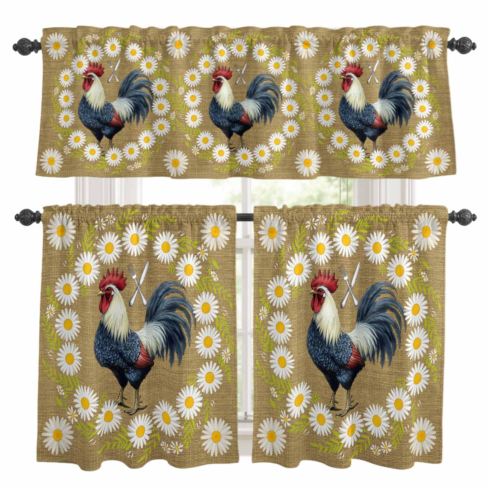 Daisy Rooster Kitchen Curtains Sets for Windows 24 Inch Length, Spring ...