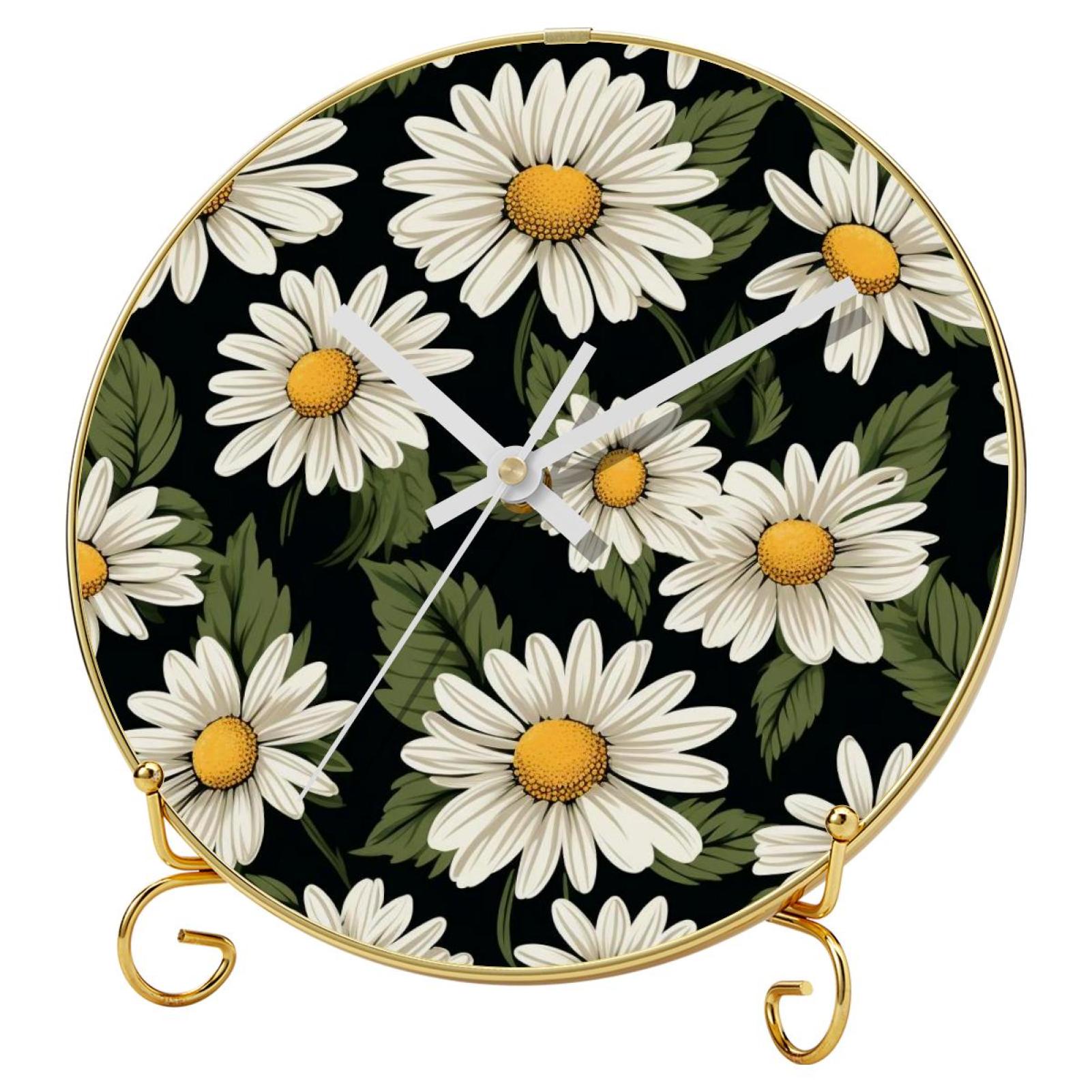 Daisy Round Printed Wall Clock with Hooks and Gold Stand - Silent Non ...
