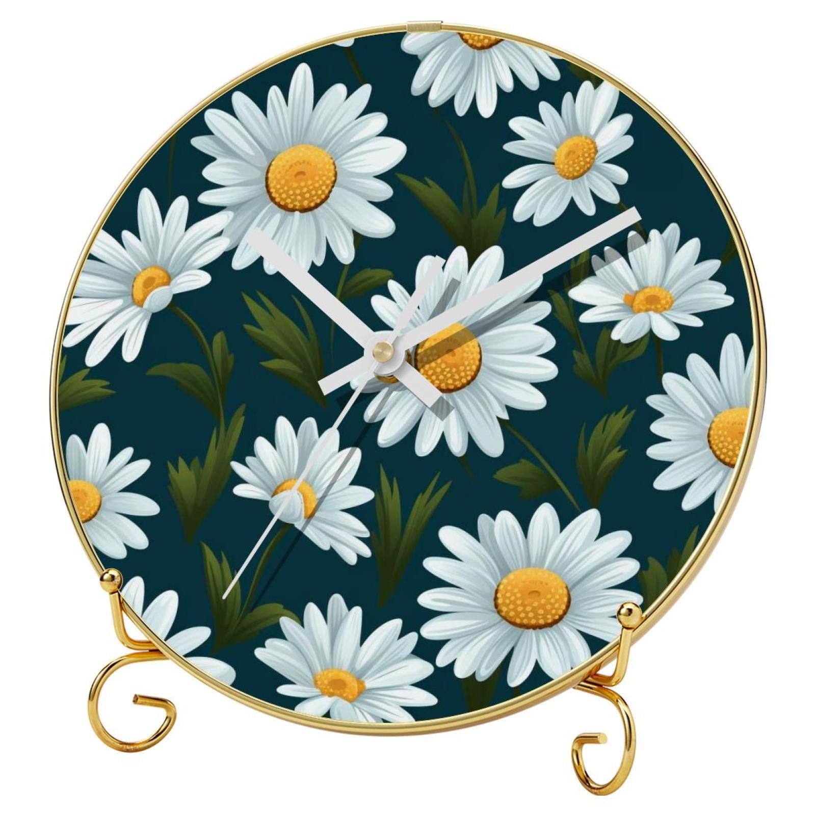 Daisy Round Printed Wall Clocks with Hooks and Gold Stand, Silent Non ...