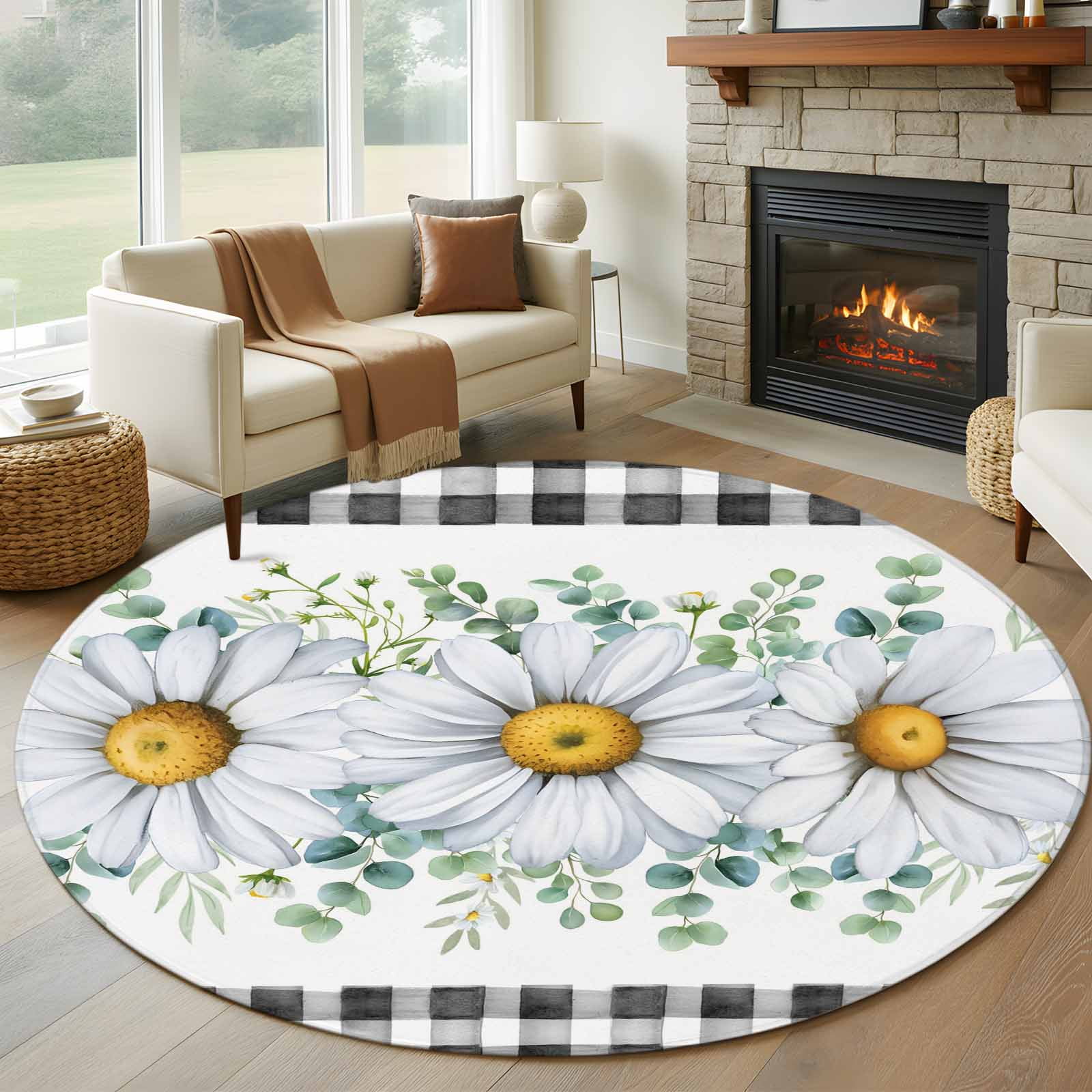 Daisy Round Rug 8ft Washable Circle Rugs Non Slip Spring Floral Black ...