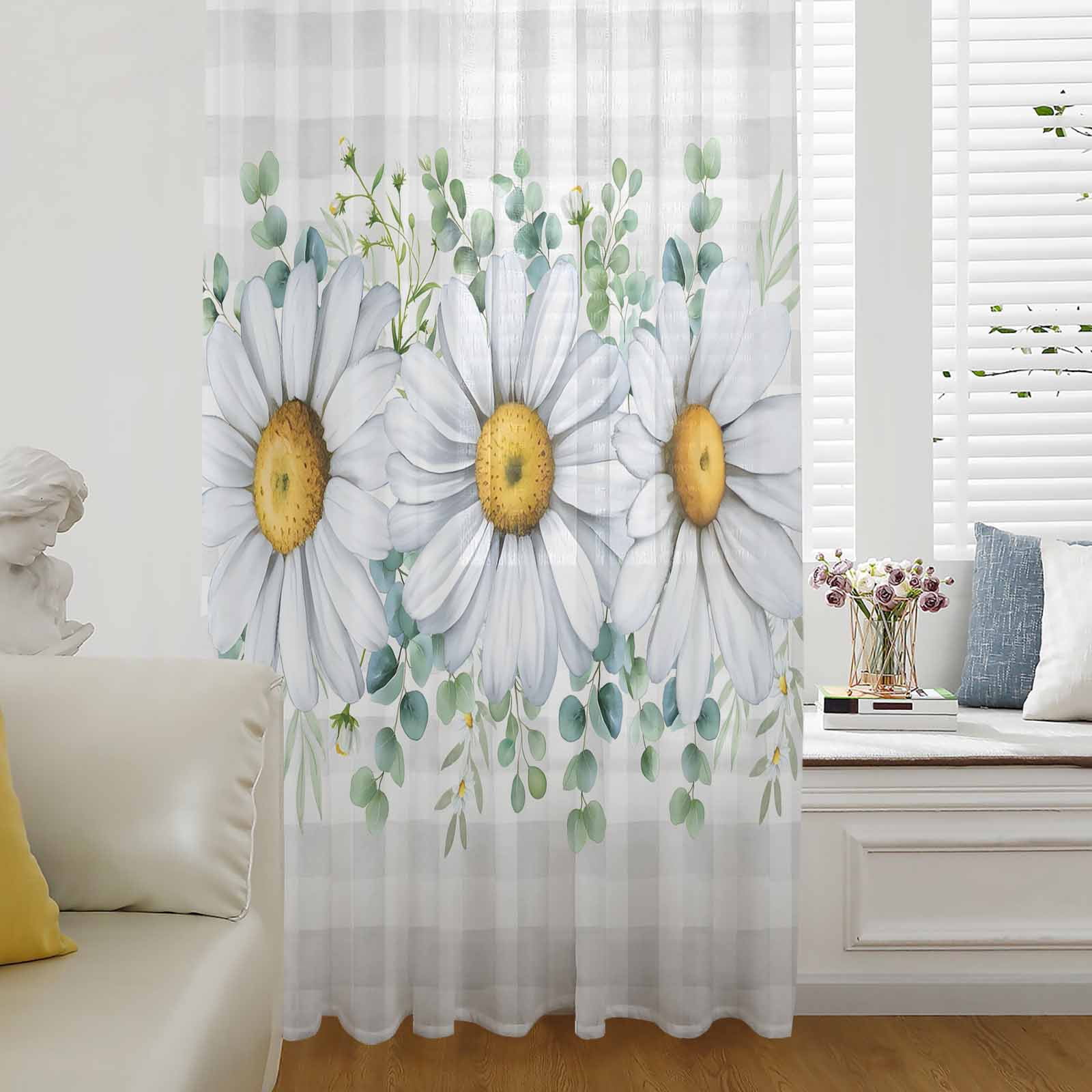 Daisy Semi Sheer Curtains Drapes for Living Room, Bedroom, French Doors ...