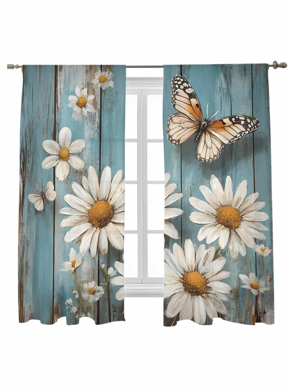 Daisy Sheer Curtains 2 Panels Set Daisy And Butterfly Teal Vintage Wood Pastoral Lihgt Filtering ...