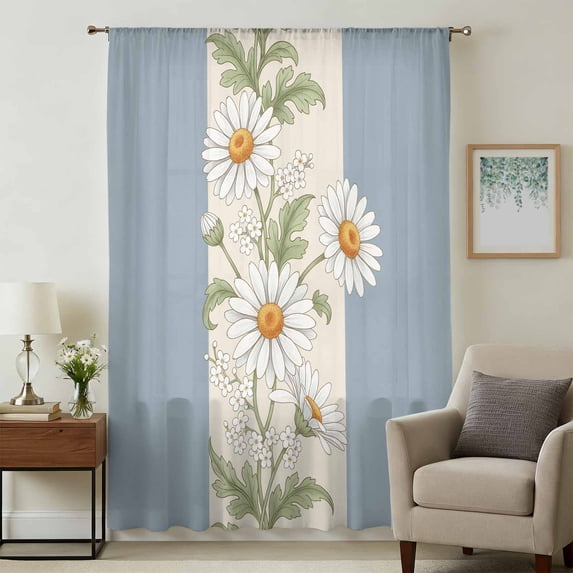 Daisy Sheer Curtains 72 Inches Long, Blue Beige Striped Spring Summer ...