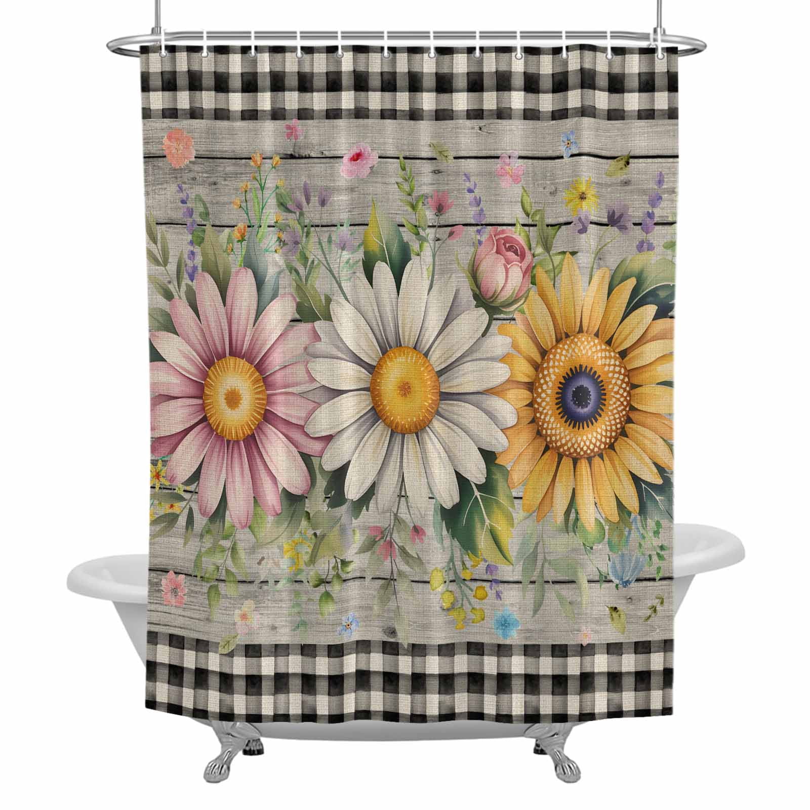 Daisy Shower Curtain for Bathroom, Spring Pink White Yellow Floral Wood ...