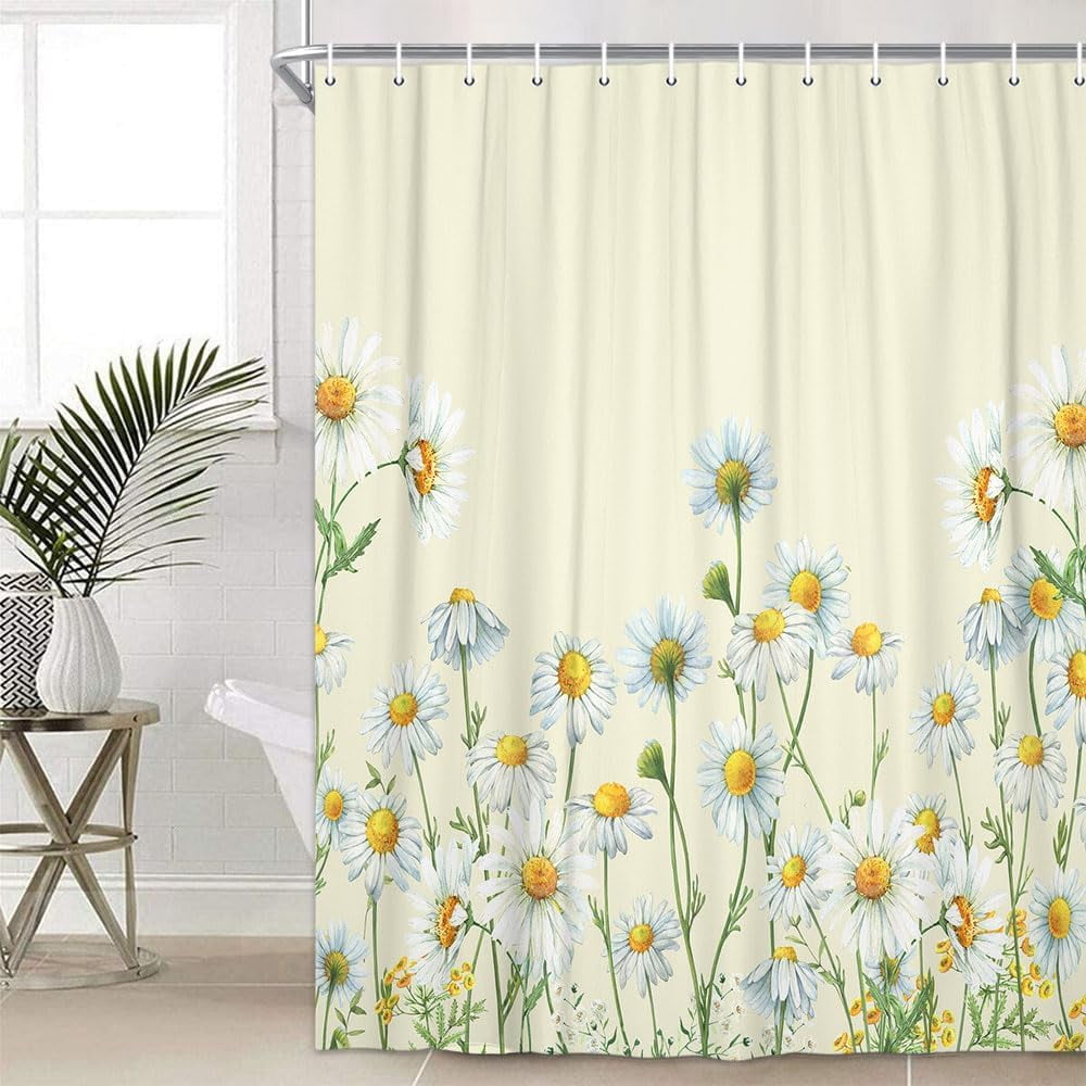 Daisy Shower Curtain, Floral Daisy Shower Curtains Cloth Rustic Farmhouse Shower Curtain Set ...
