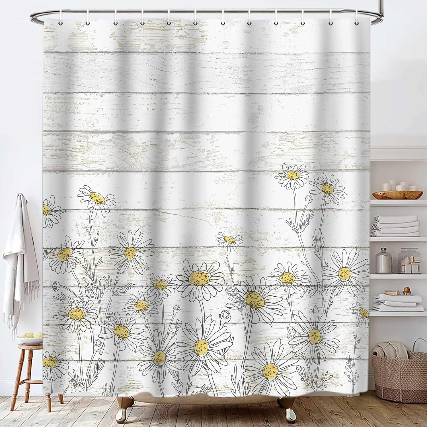 Daisy Shower Curtain, Retro Daisy Shower Curtains for Bathroom Rustic ...