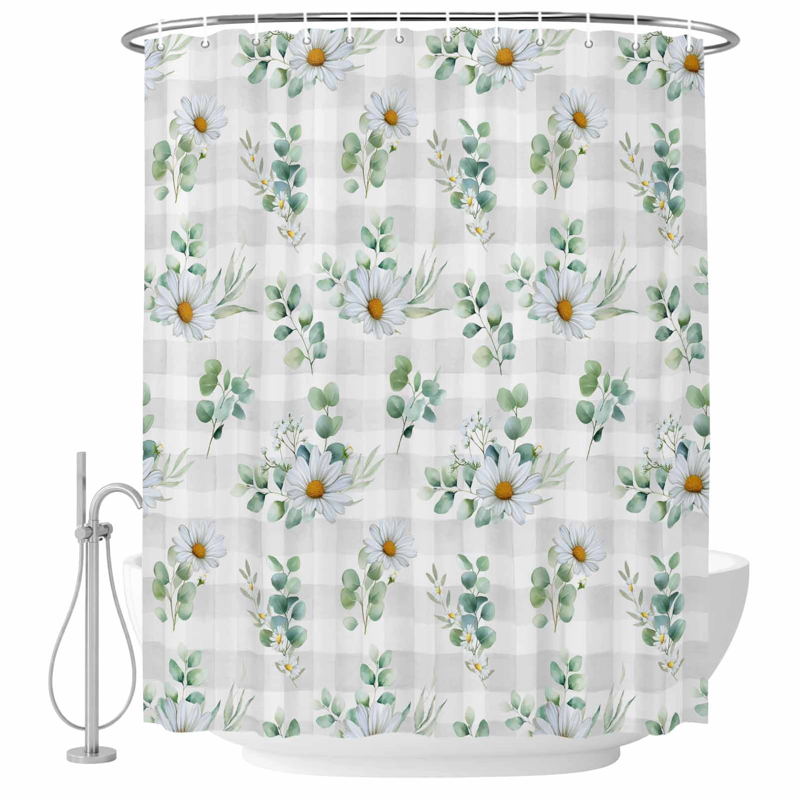 Daisy Shower Curtain Set - 48" x 72" Washable Bathtub Curtain with 12 ...