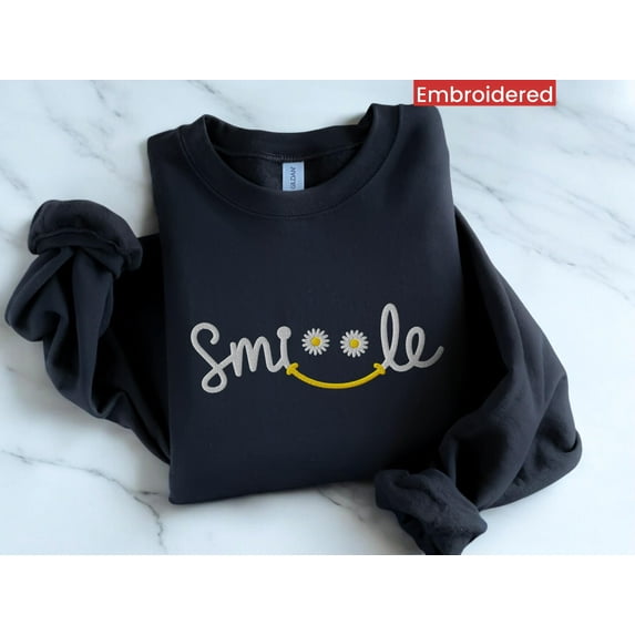 Daisy Smile Embroidered Sweatshirt, Cute Smiley Face Pullover, Cozy ...